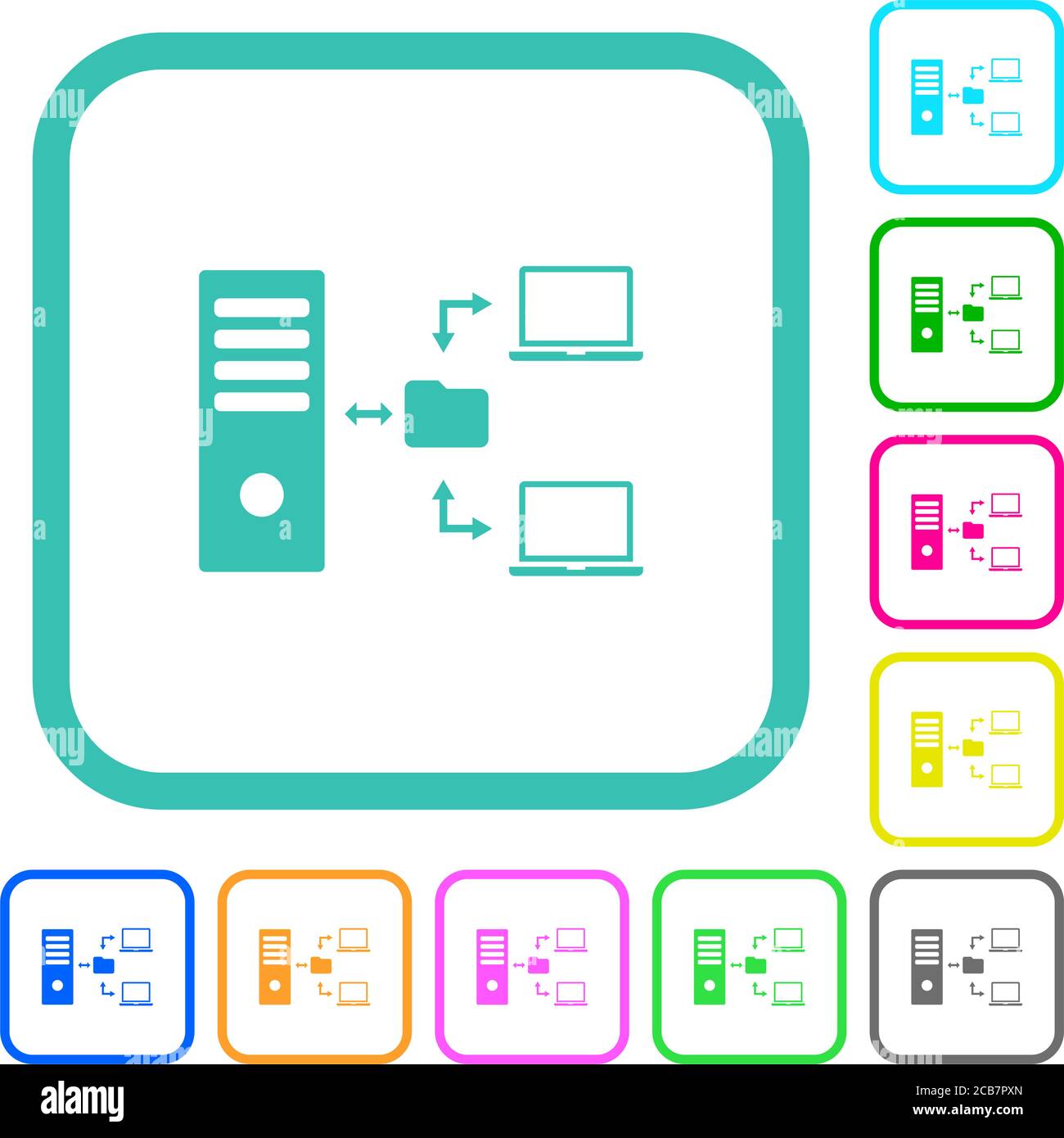 Network file system with server vivid colored flat icons in curved ...