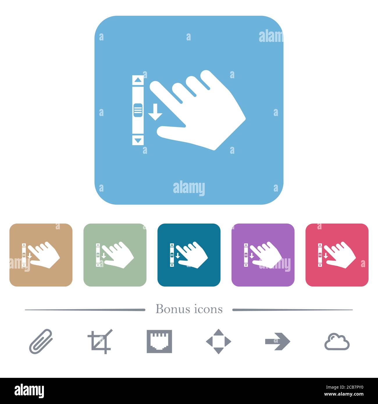 Right handed scroll down gesture white flat icons on color rounded ...