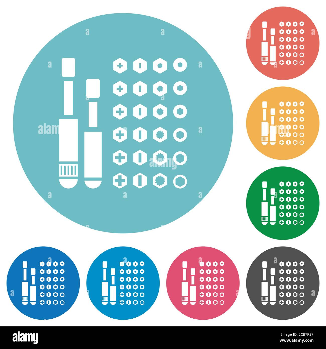 Set of screwdriver bits flat white icons on round color backgrounds ...