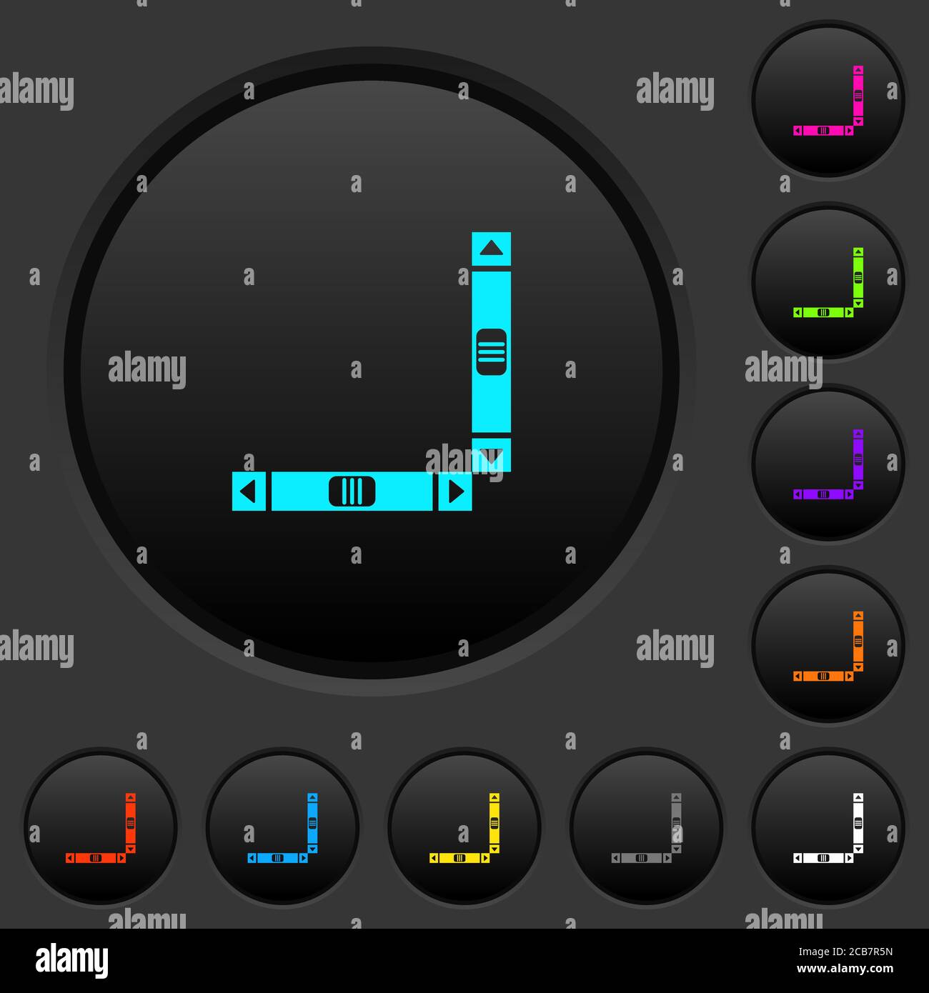 Vertical and horizontal scroll bars dark push buttons with vivid color icons on dark grey ...