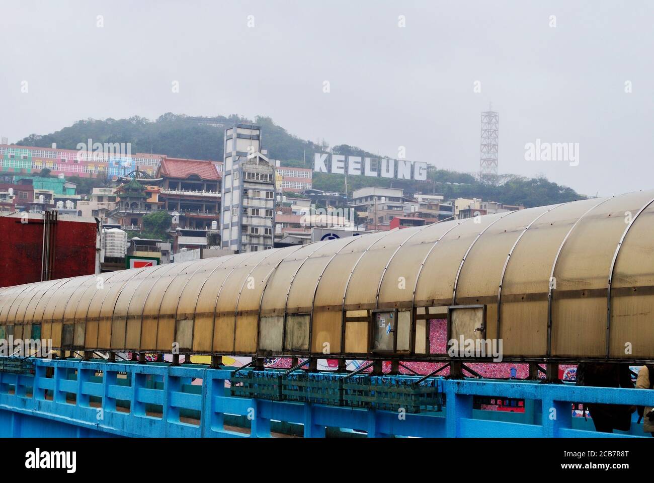 Keelung Taiwan. Circa March 2017. A yellow sky bridge near the rainy ...