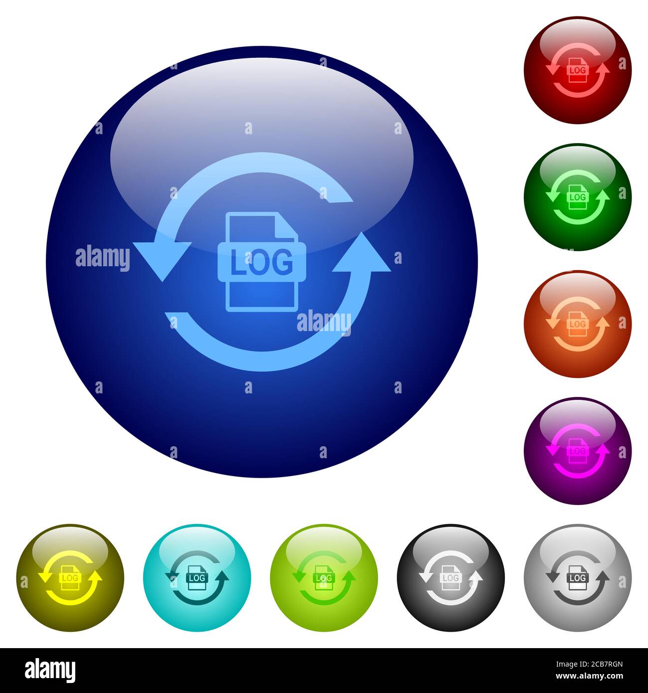 Log File Rotation Icons On Round Glass Buttons In Multiple Colors Arranged Layer Structure