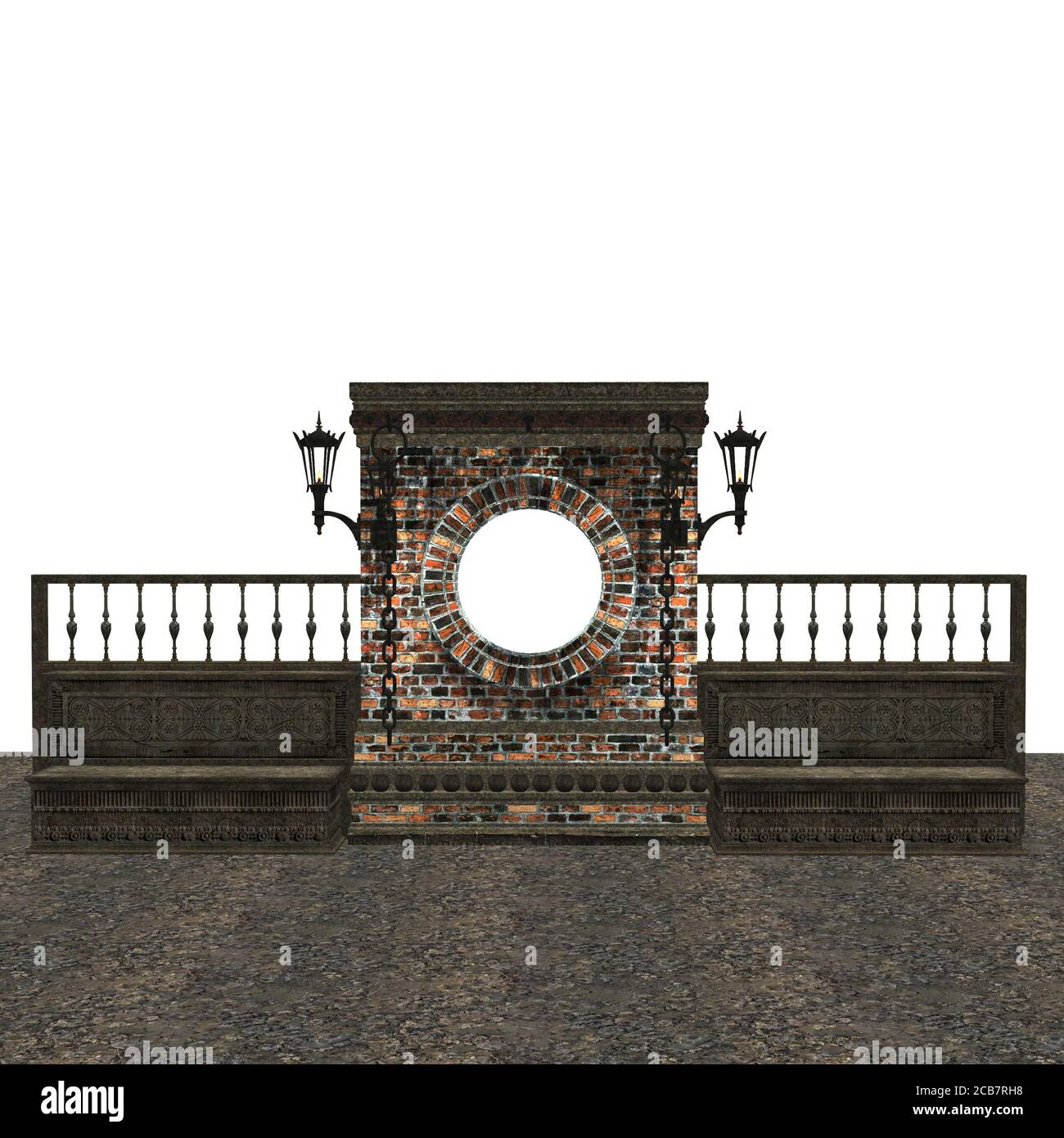 Digitally rendered old brick wall with round window, 3d illustration ...