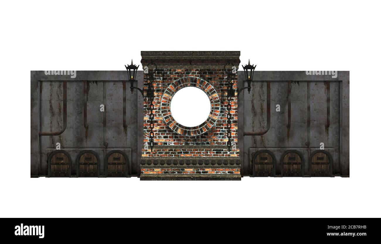 Digitally rendered old brick wall with round window, 3d illustration ...
