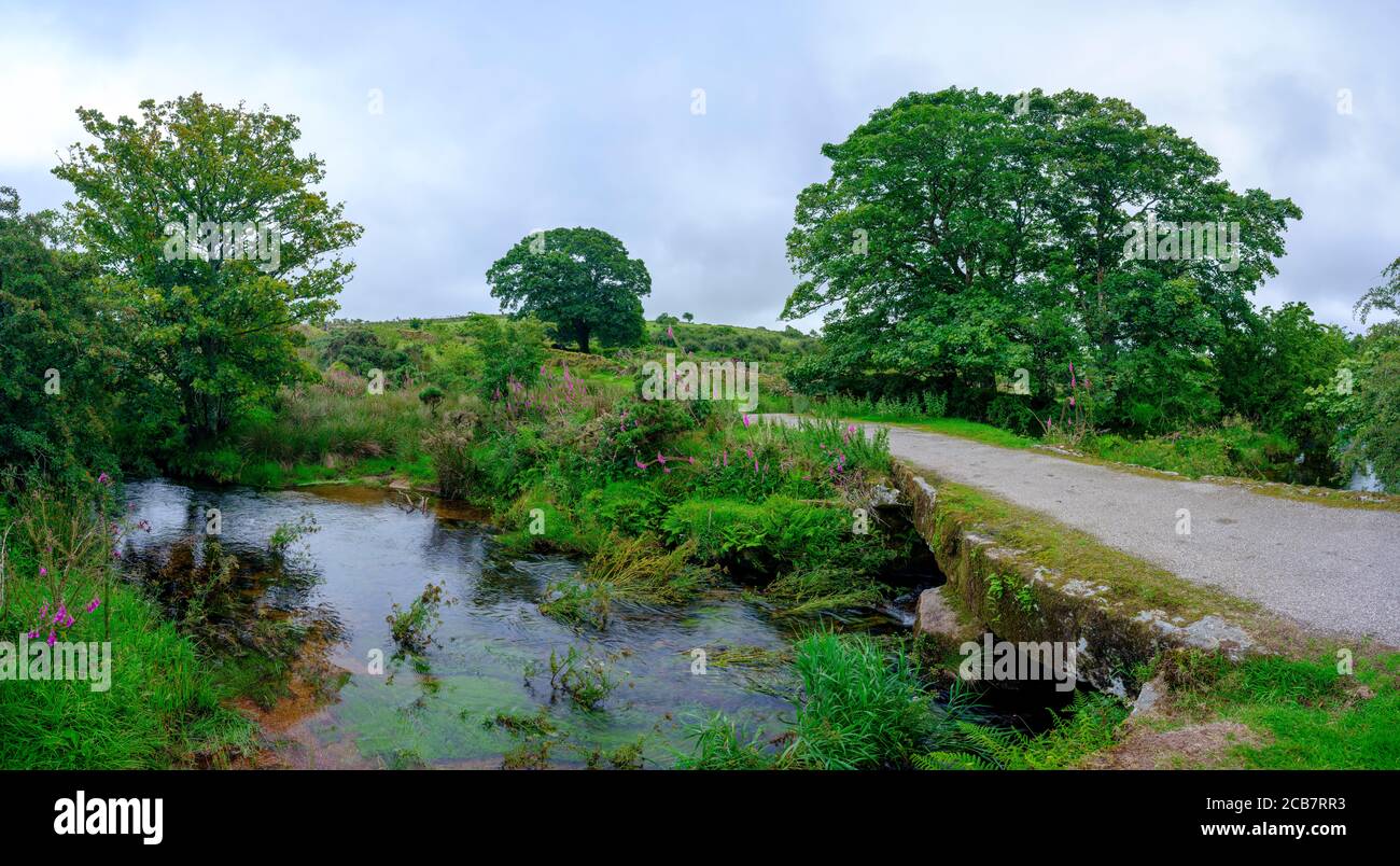 Blisland, UK - July 15, 2020: Ancient cart track and clapper bridge on ...