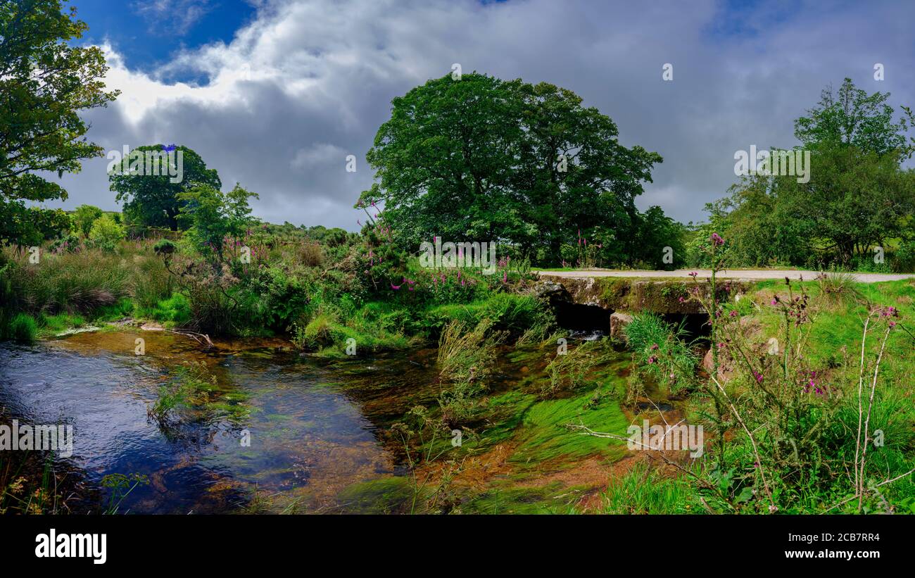 Blisland, UK - July 15, 2020: Ancient cart track and clapper bridge on ...