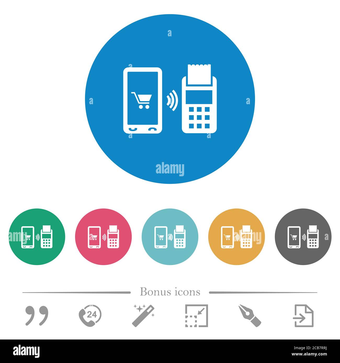 Mobile payment flat white icons on round color backgrounds. 6 bonus ...