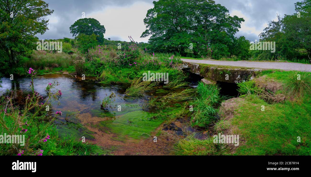 Blisland, UK - July 15, 2020: Ancient cart track and clapper bridge on ...