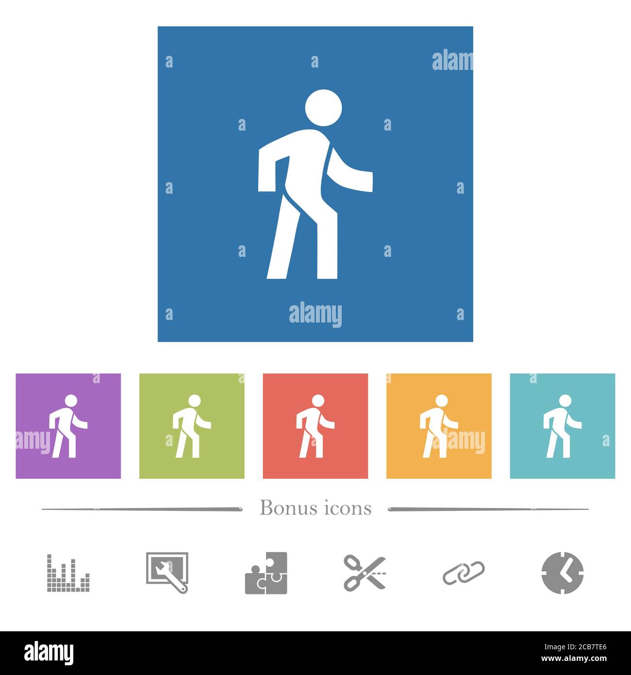 Man walking right flat white icons in square backgrounds. 6 bonus icons ...