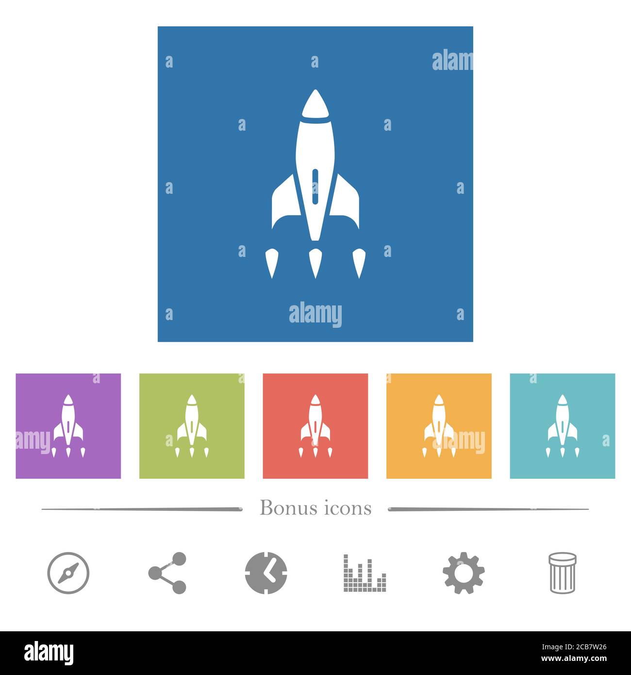 Rocket flat white icons in square backgrounds. 6 bonus icons included ...
