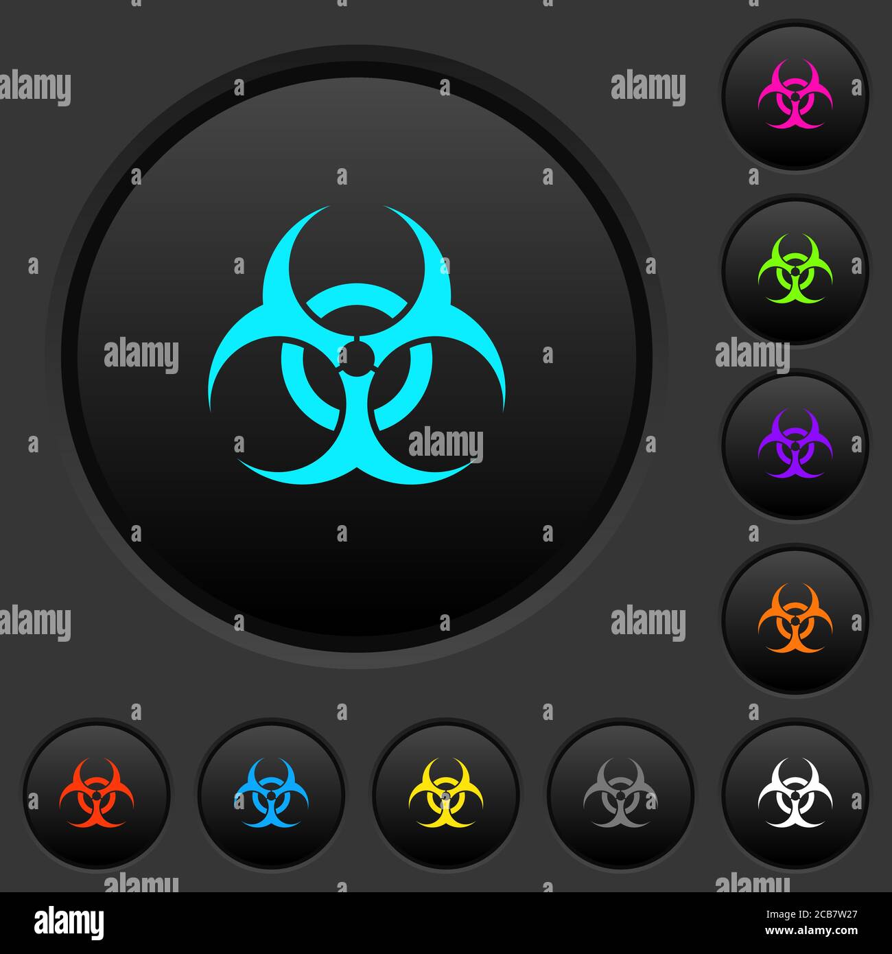 Biohazard sign dark push buttons with vivid color icons on dark grey ...