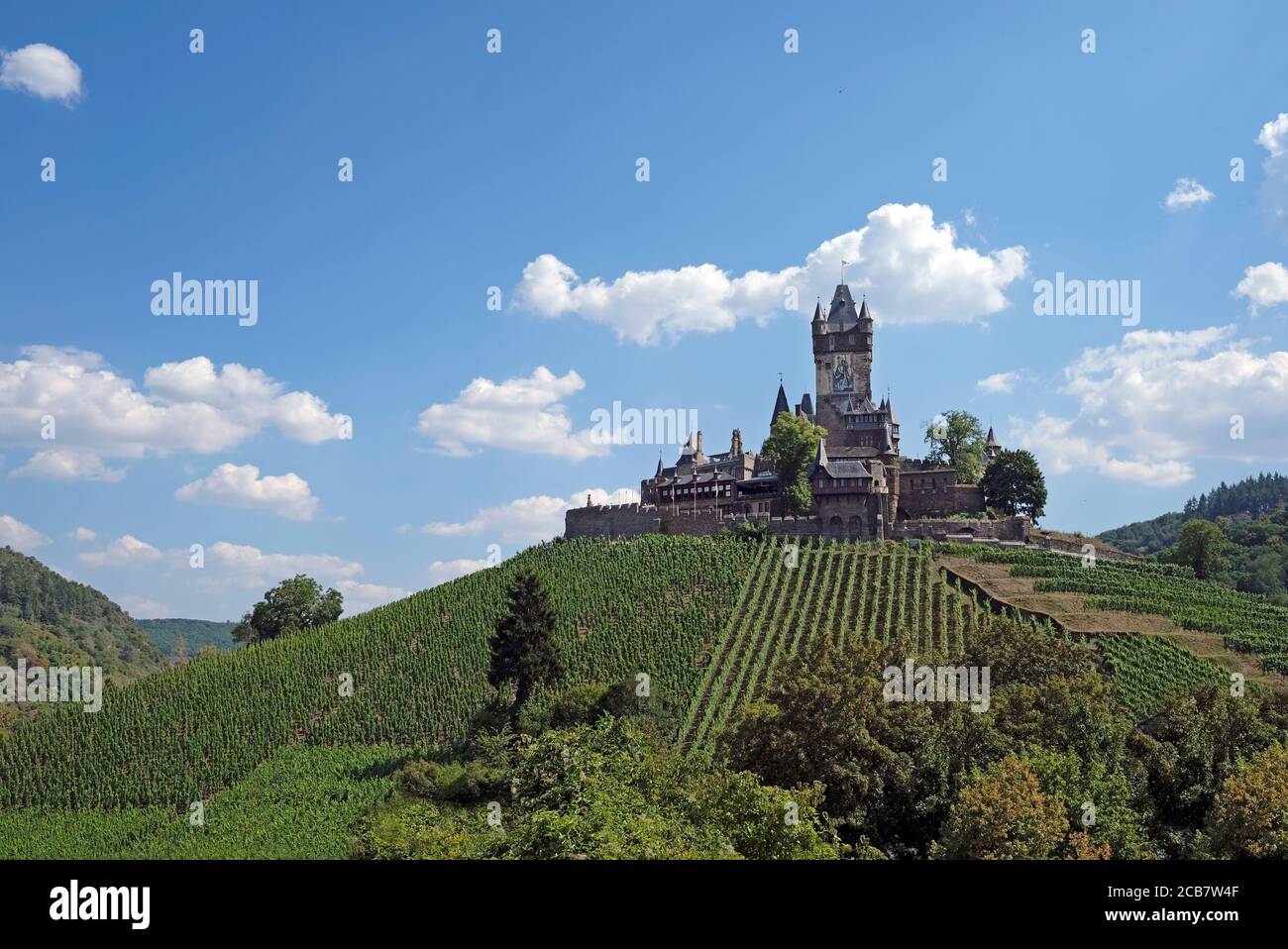 The "Reichsburg" castle of the city of Cochem in the Mosel region in ...