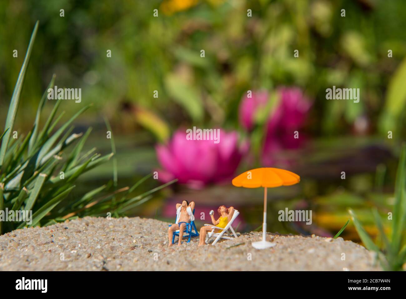 Miniature People Sunbathing In Nature Close Up Stock Photo - Alamy