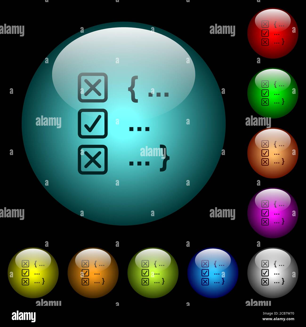 Source code checking icons in color illuminated spherical glass buttons on black background. Can ...
