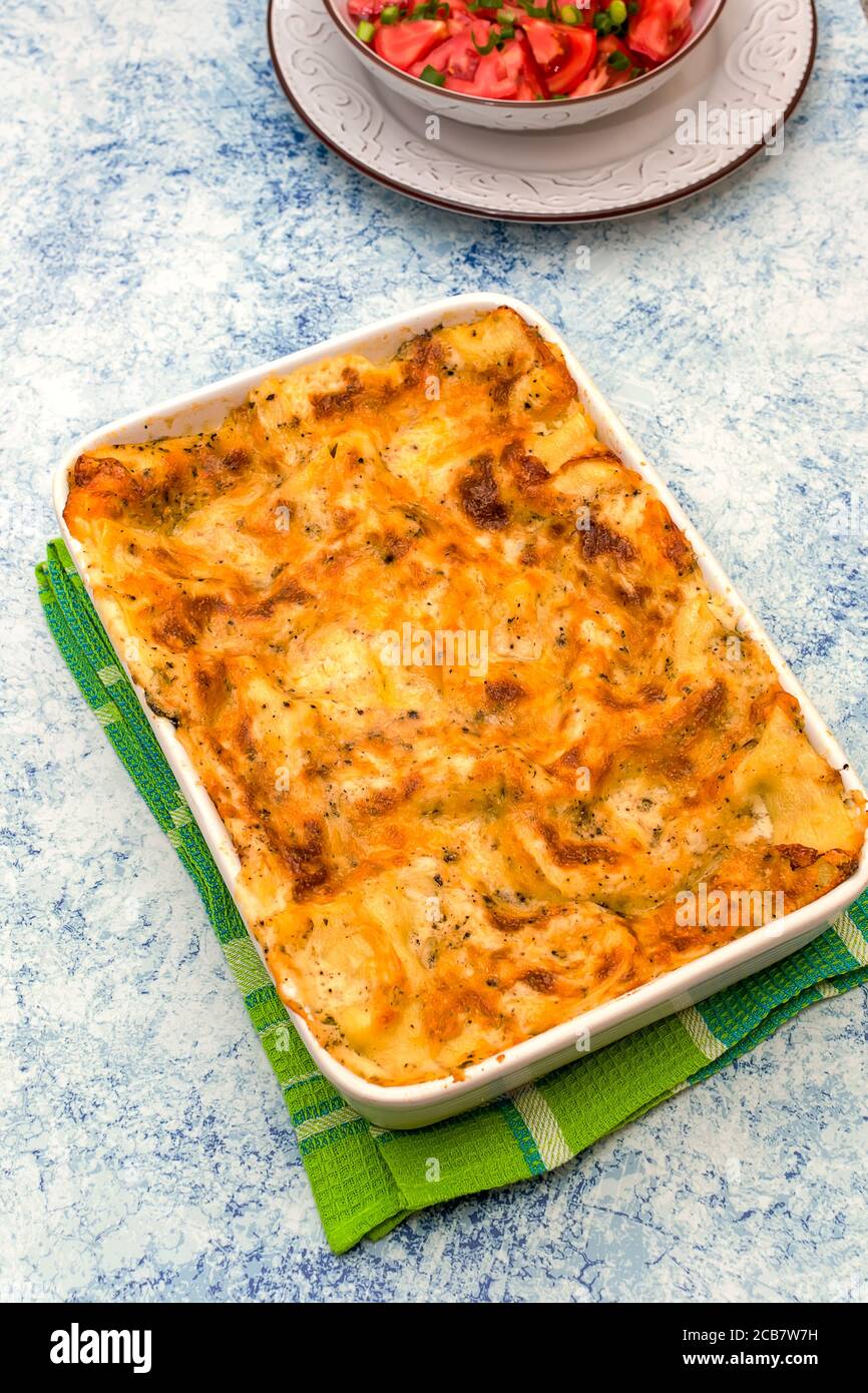 Ceramic tray with freshly baked lasagna with toasted crust Stock Photo ...