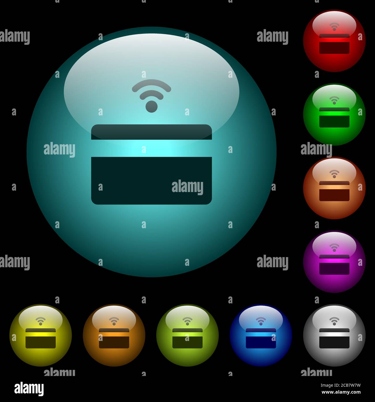 Contactless credit card icons in color illuminated spherical glass ...