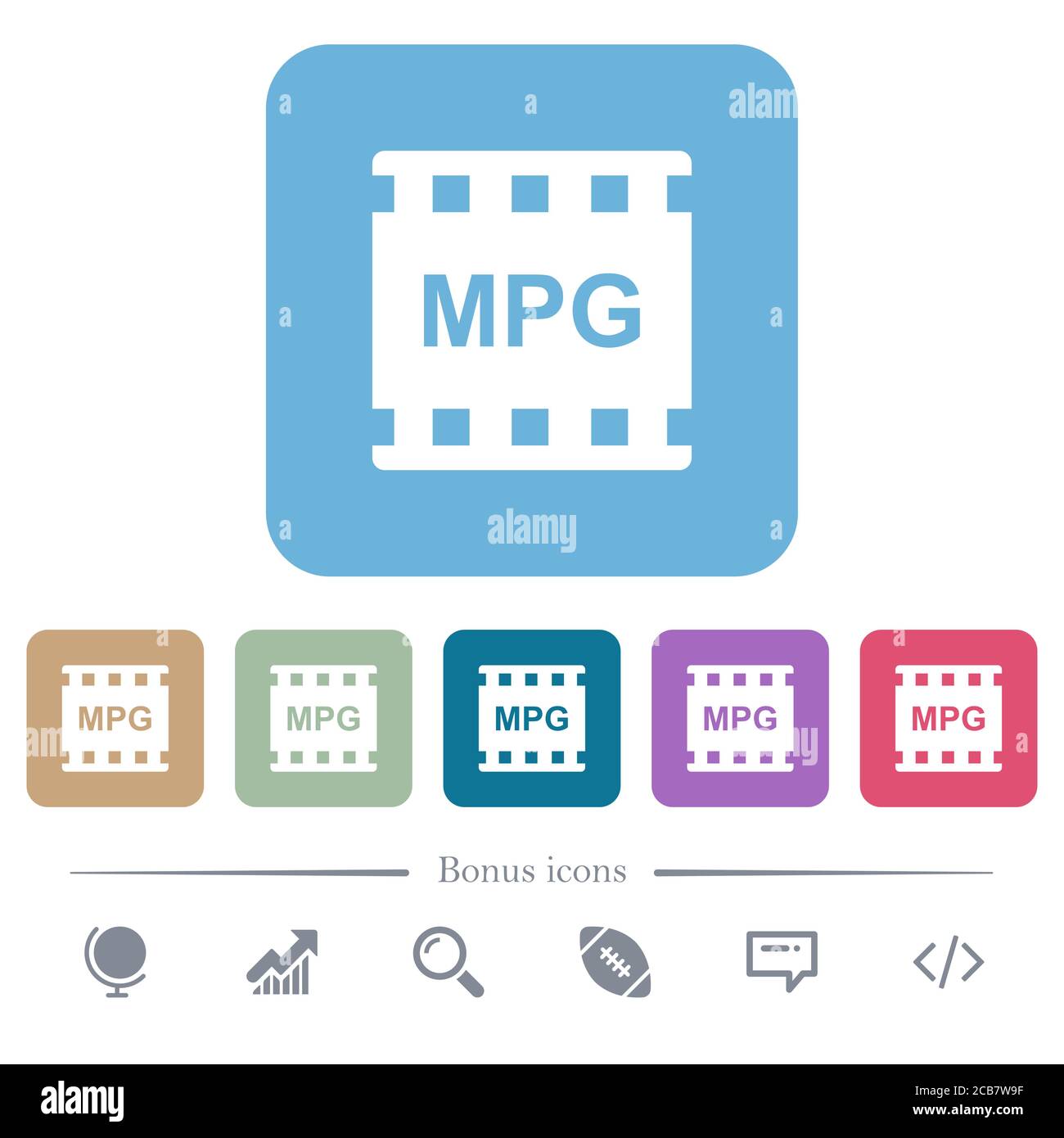 MPG movie format white flat icons on color rounded square backgrounds ...