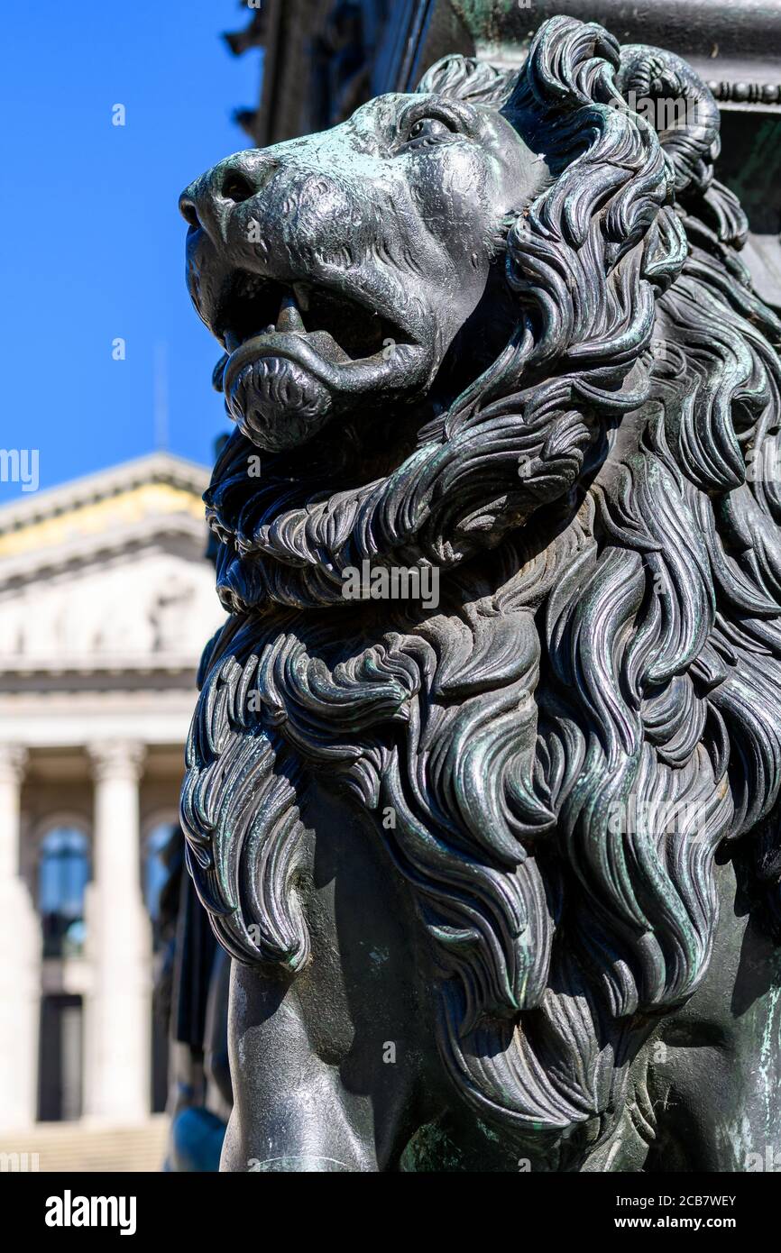 Head of the Bavarian lion at the Max Joseph monument in Munich ...