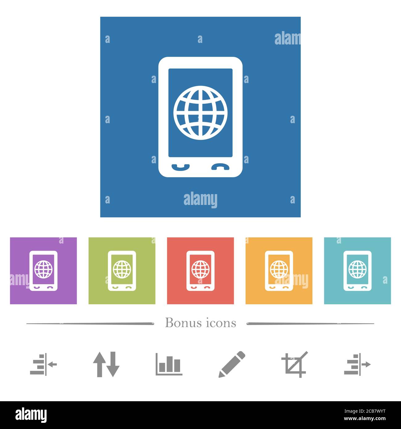 Mobile internet flat white icons in square backgrounds. 6 bonus icons ...