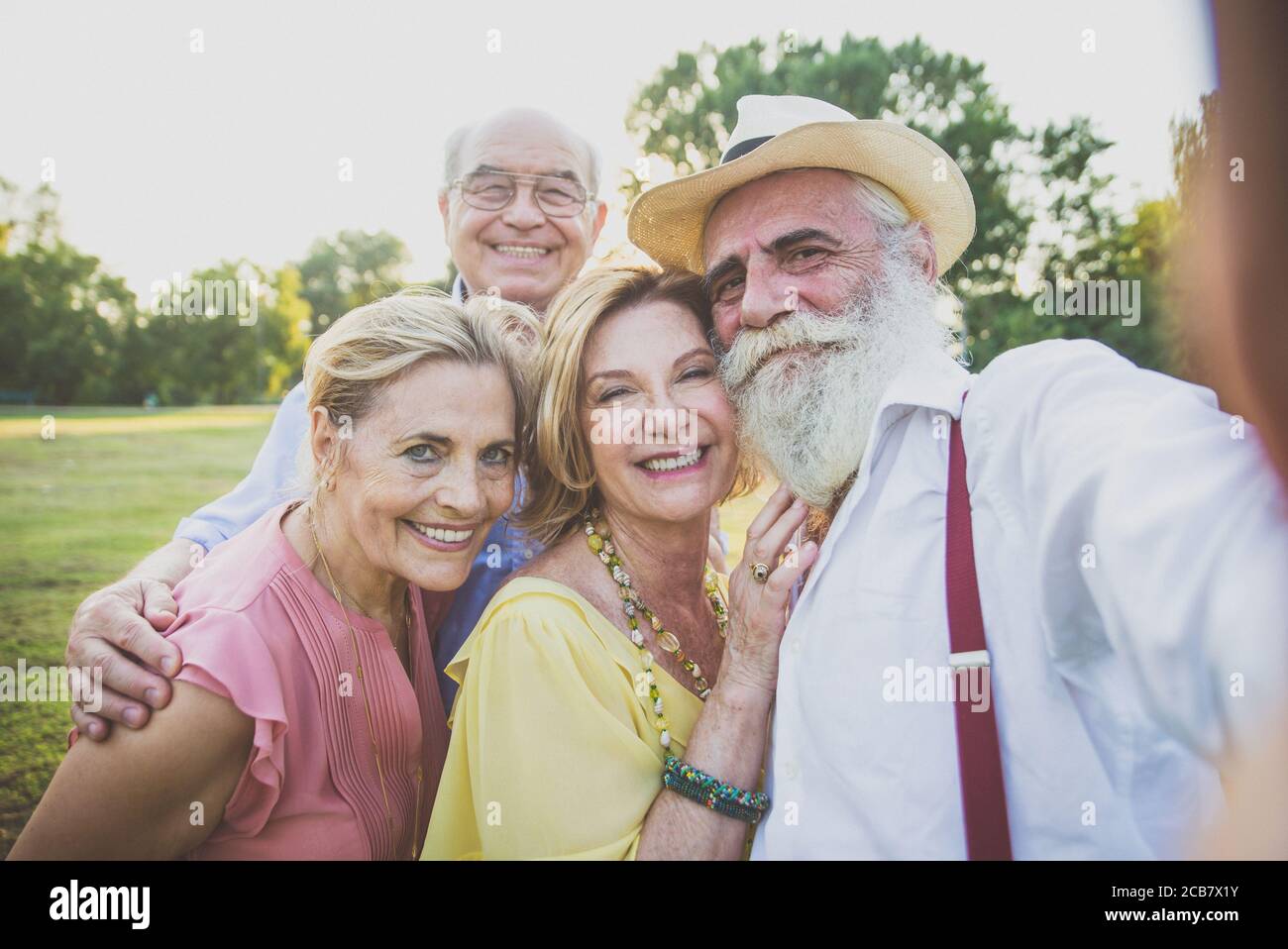 Group of seniors making a picnic at the park and having fun. Taking ...