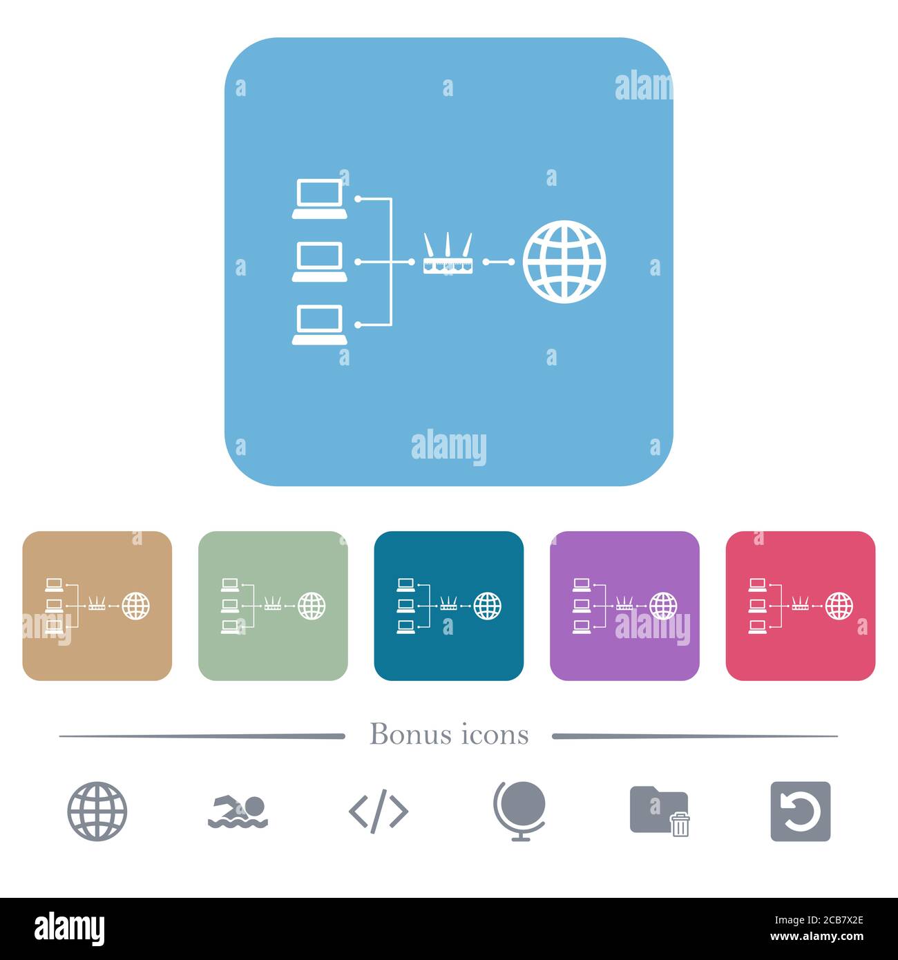 Network address translation white flat icons on color rounded square ...