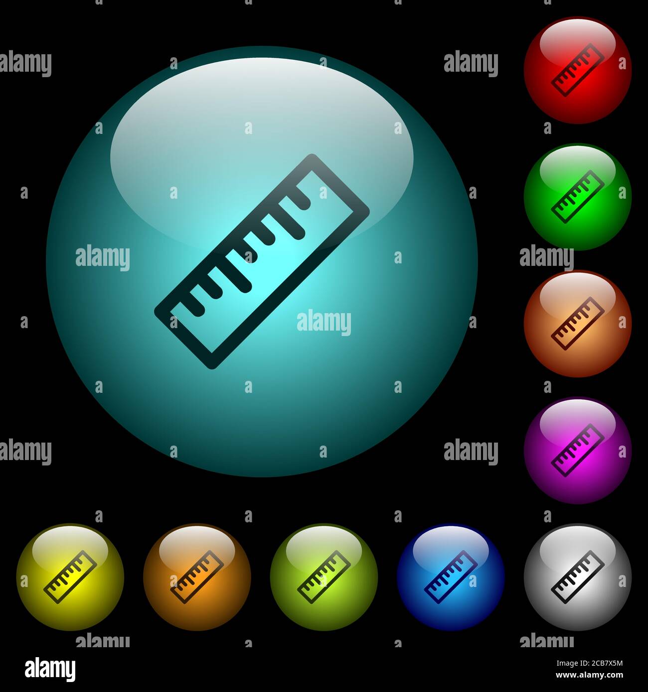 Ruler icons in color illuminated spherical glass buttons on black ...