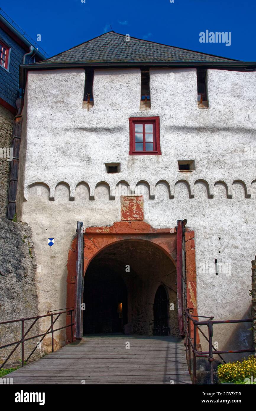 Marksburg Castle; arched side entrance, wood bridge over moat, medieval ...