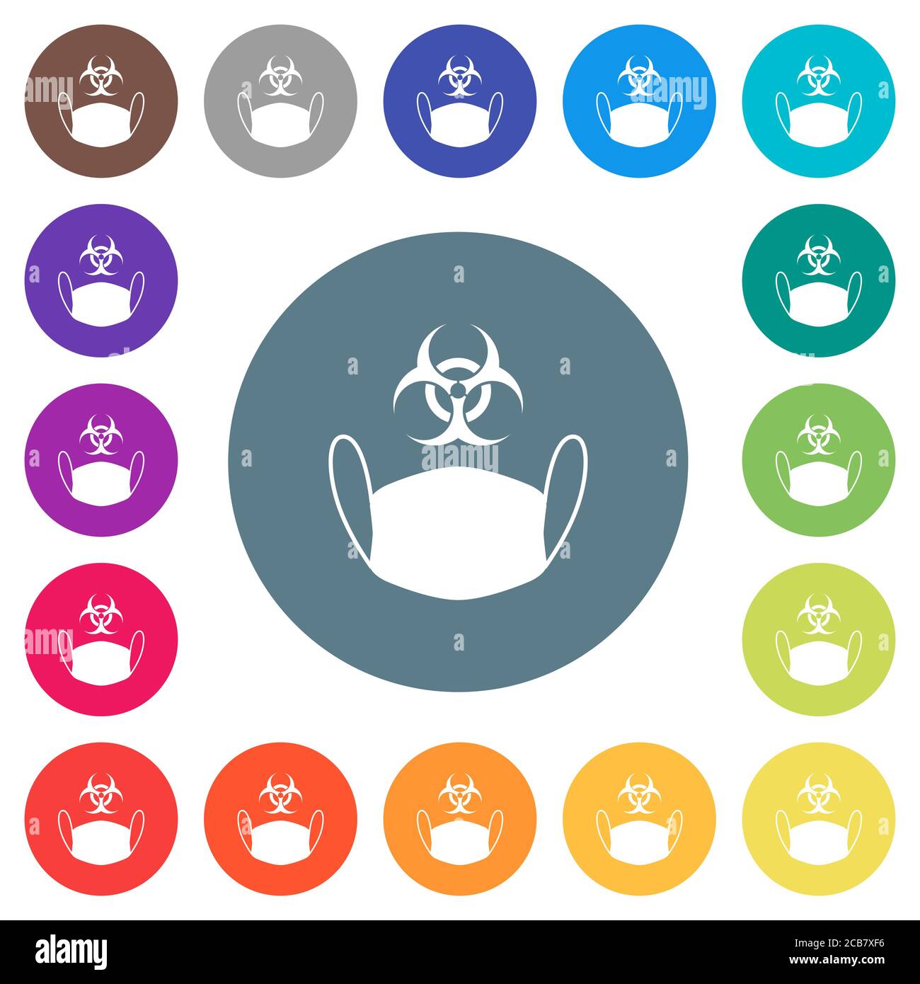 Face mask and biohazard symbol flat white icons on round color ...