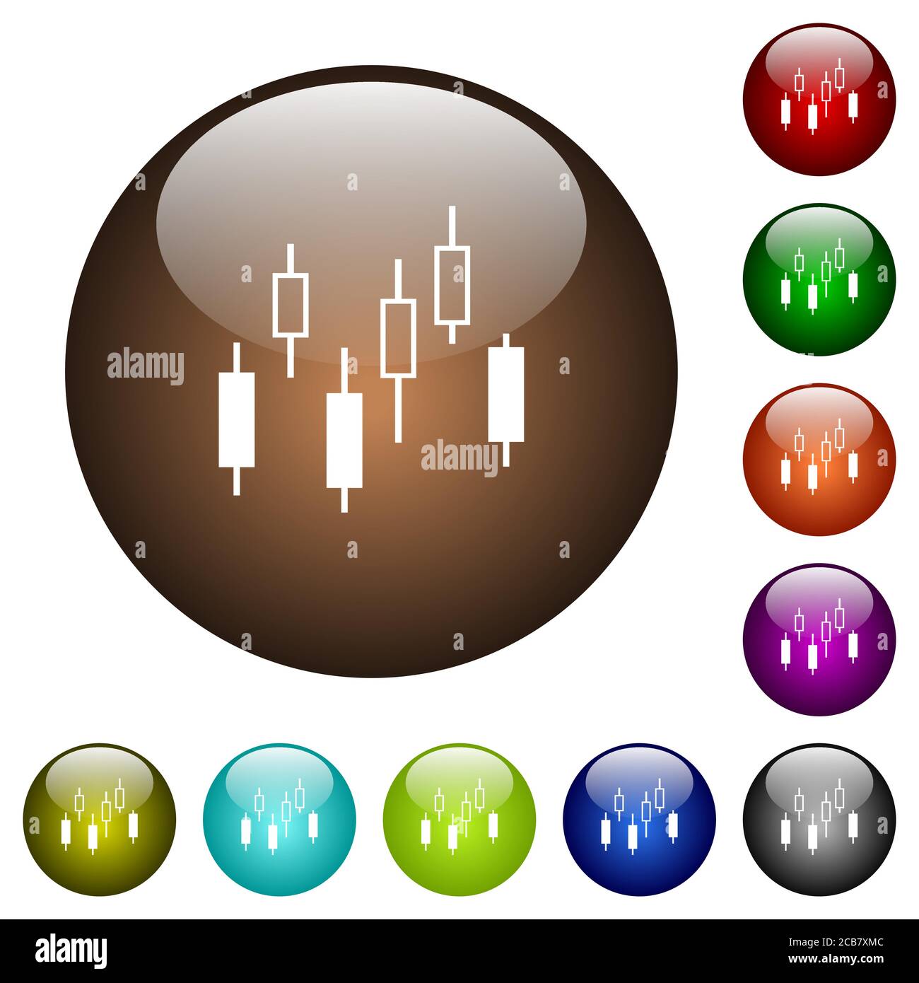 Candlestick chart white icons on round glass buttons in multiple colors ...