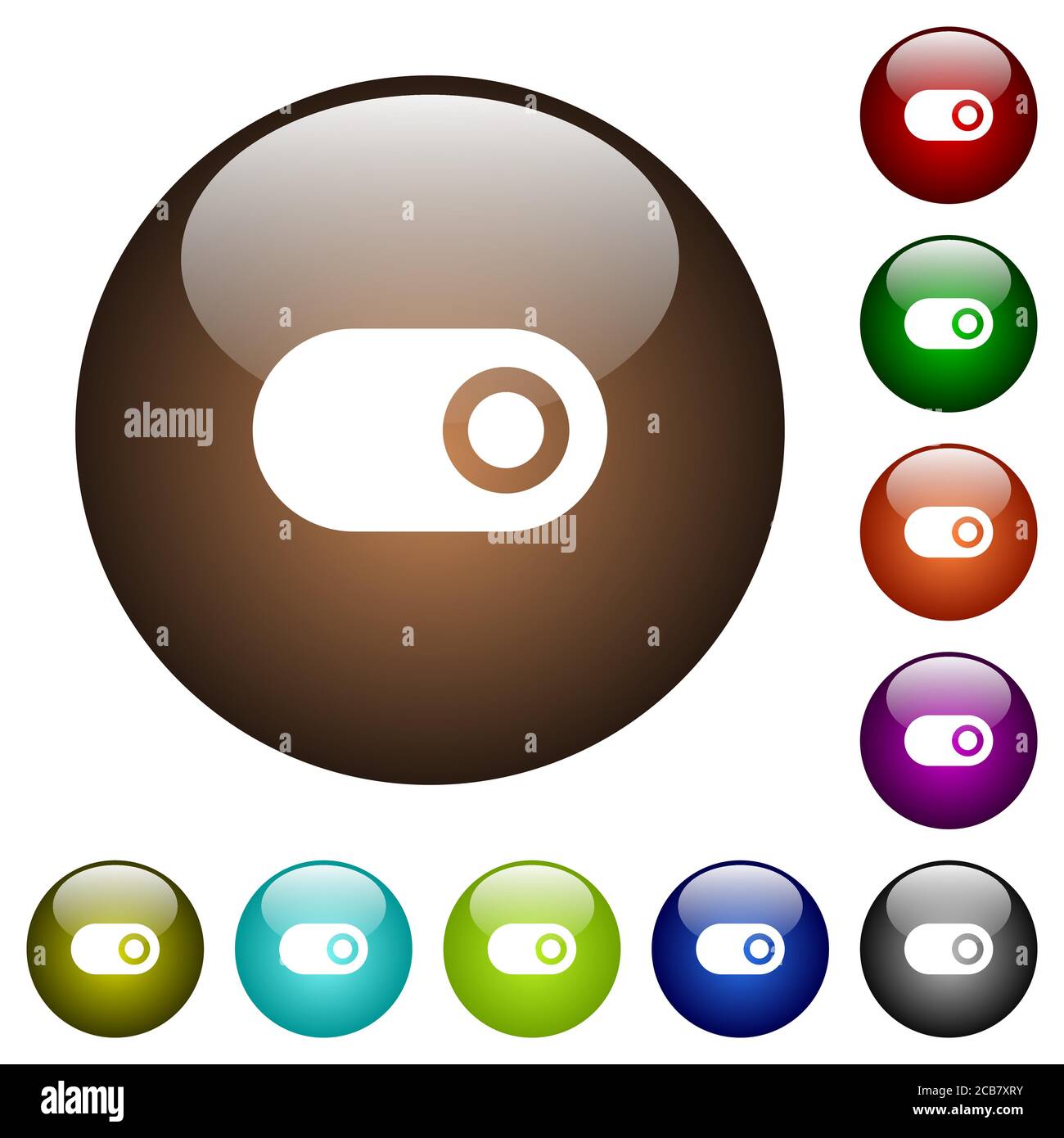 Single horizontal toggle white icons on round glass buttons in multiple ...