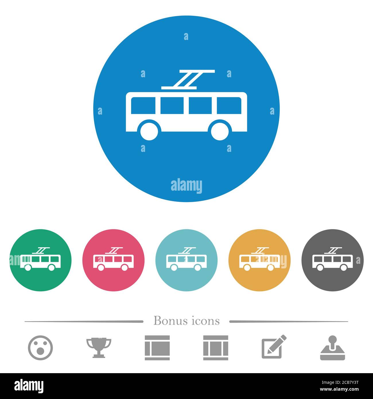 Trolley bus flat white icons on round color backgrounds. 6 bonus icons ...