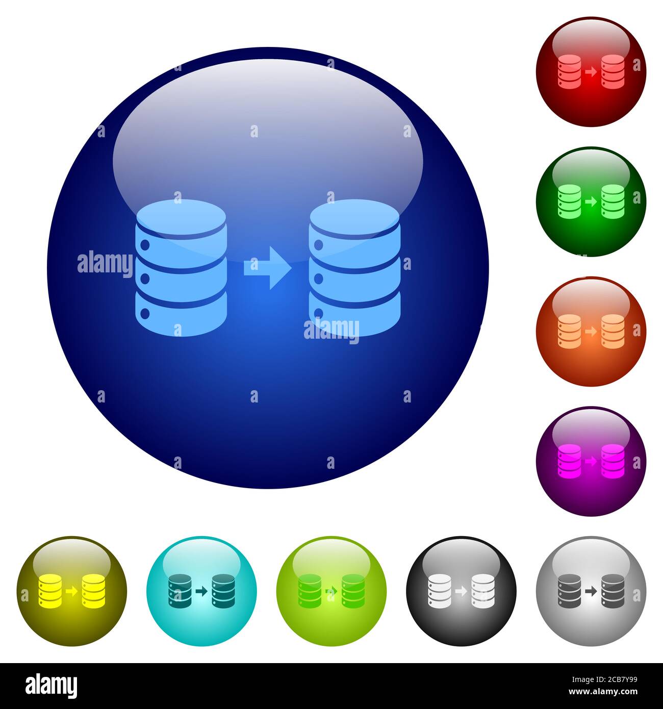 Database Mirroring Icons On Round Glass Buttons In Multiple Colors Arranged Layer Structure