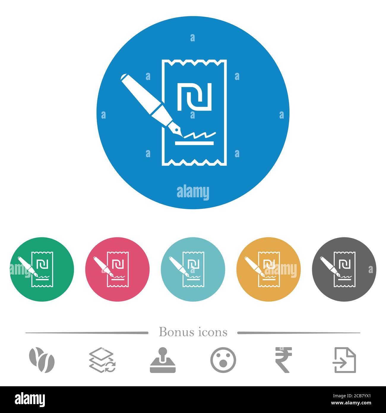 Signing new Shekel cheque flat white icons on round color backgrounds ...