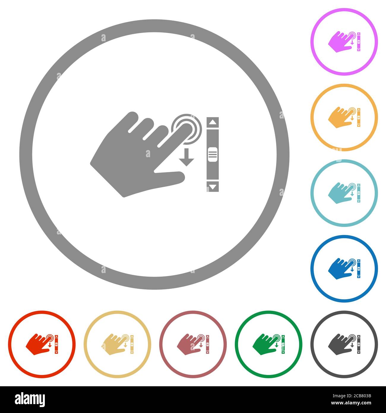 Left handed scroll down gesture flat color icons in round outlines on ...