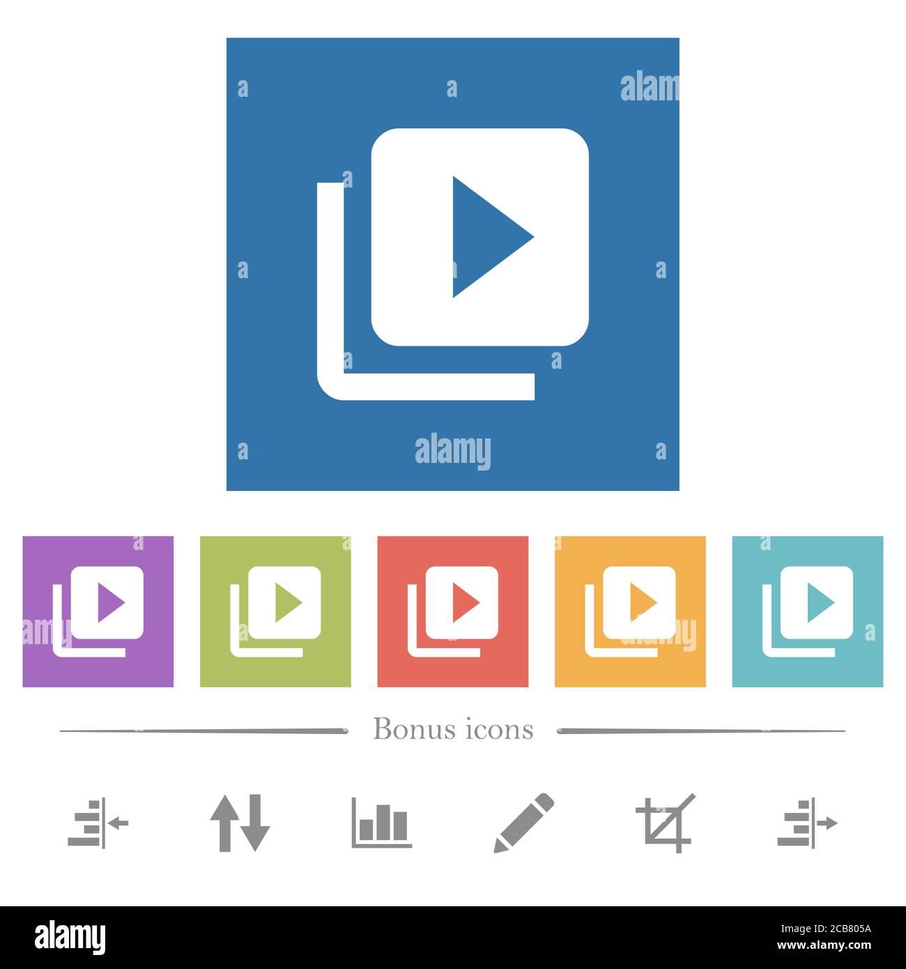 Video library flat white icons in square backgrounds. 6 bonus icons ...