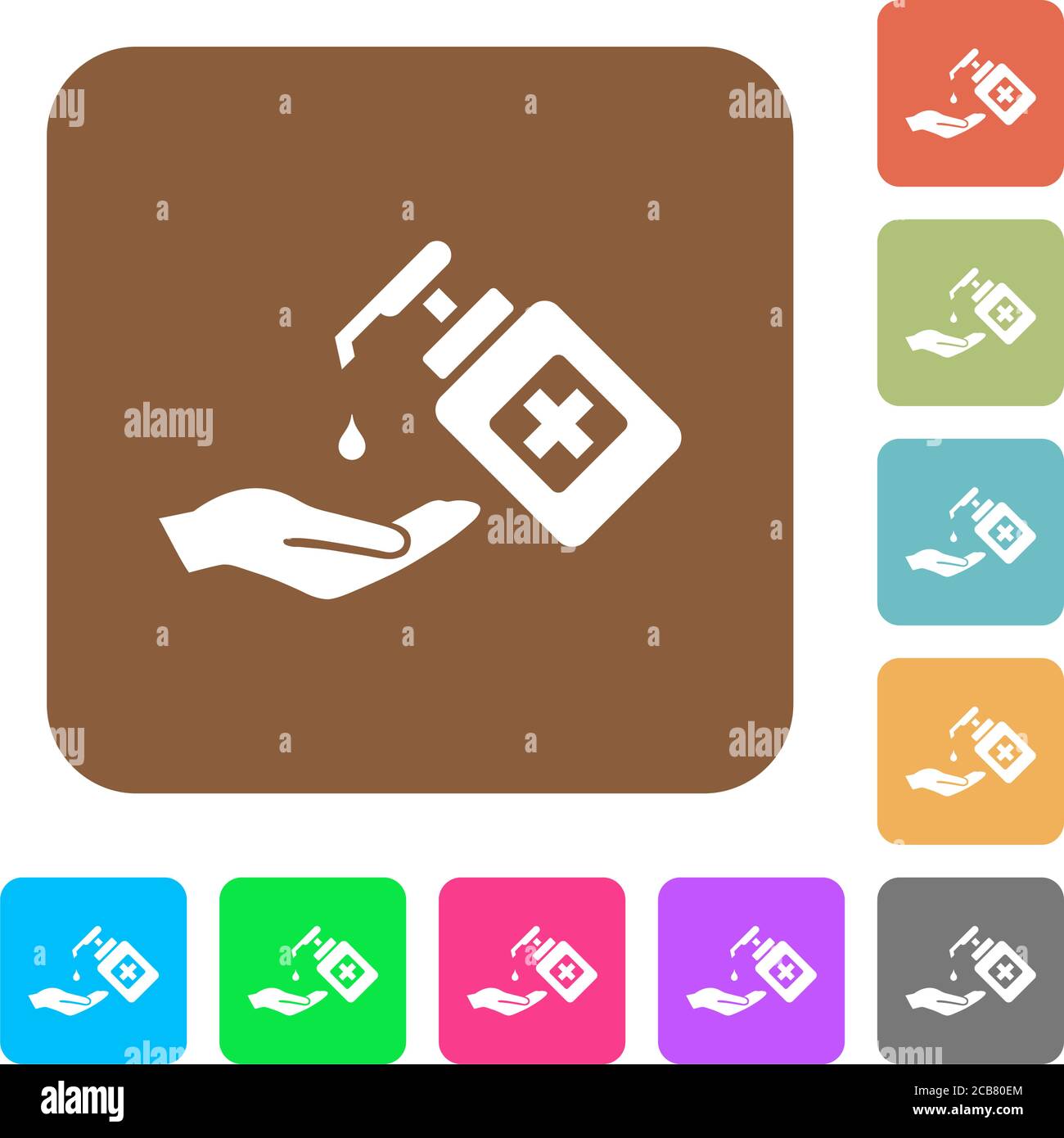 Hand washing with hand sanitizer flat icons on rounded square vivid color backgrounds Stock ...