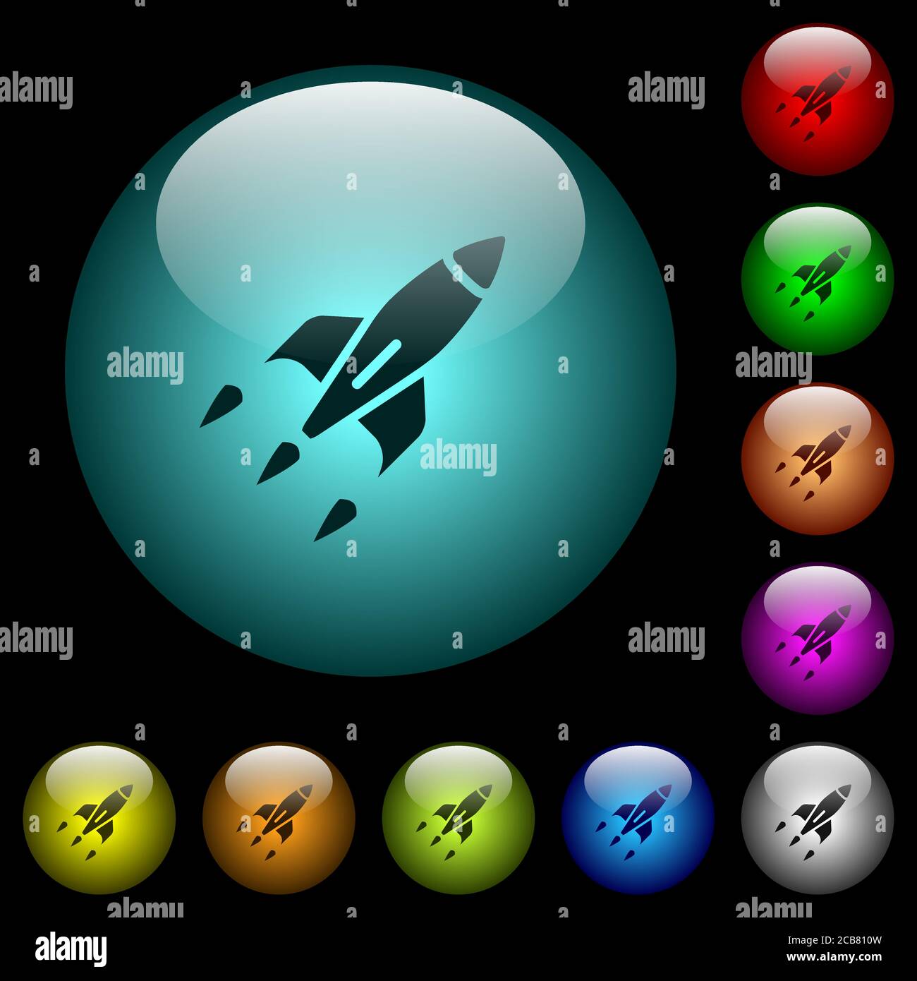 Rocket icons in color illuminated spherical glass buttons on black ...