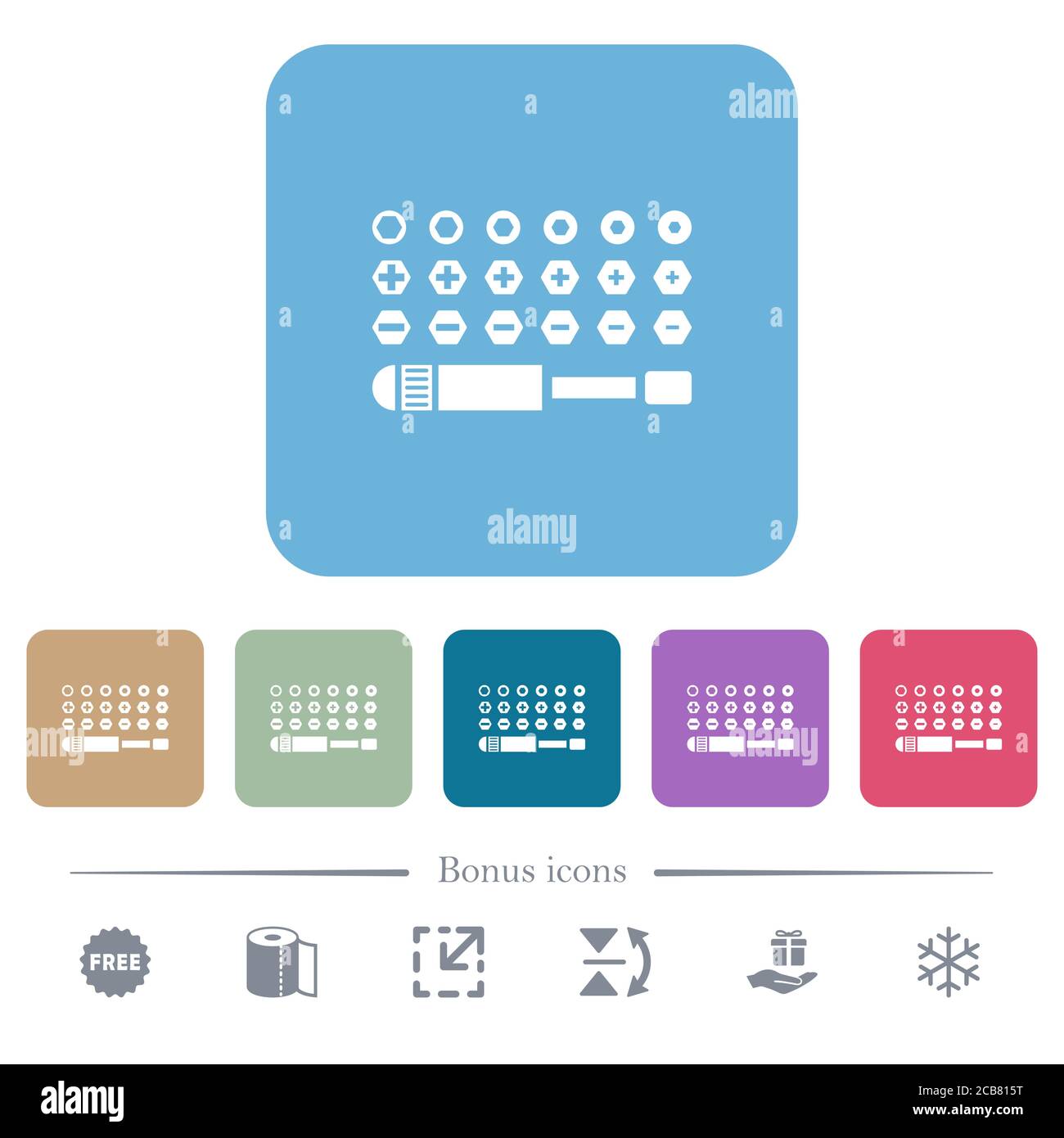 Set of screwdriver bits white flat icons on color rounded square ...