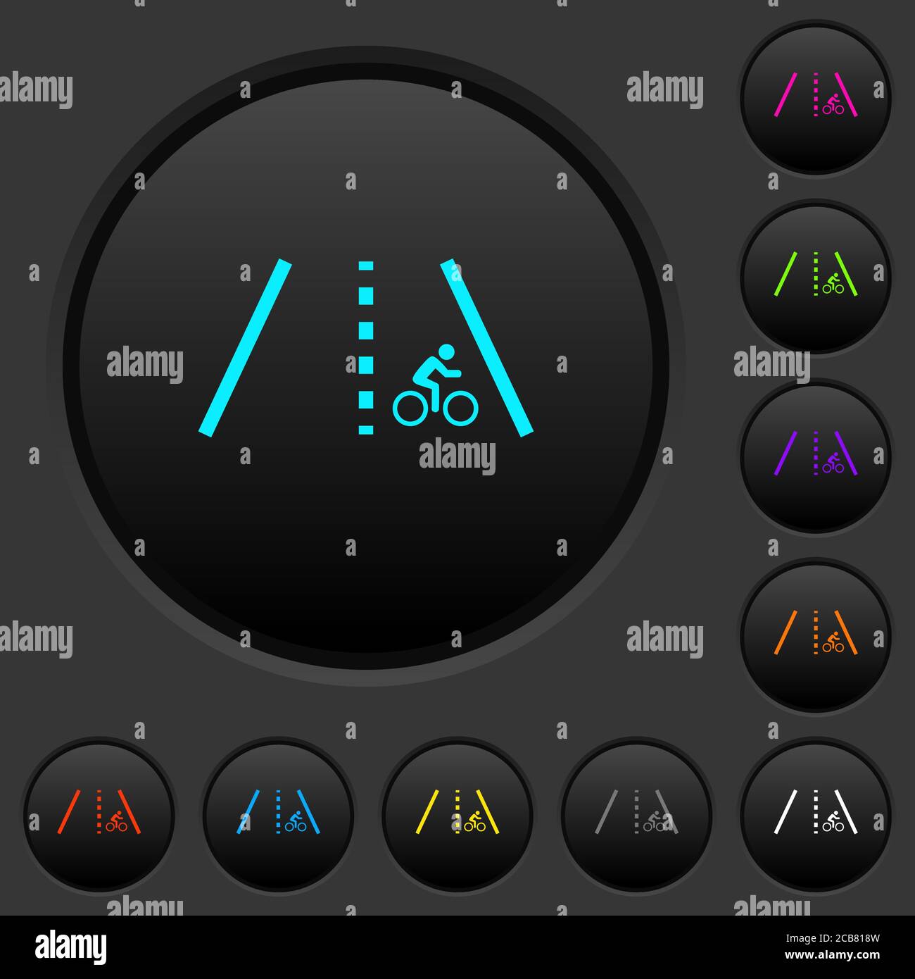 Bicycle lane dark push buttons with vivid color icons on dark grey ...