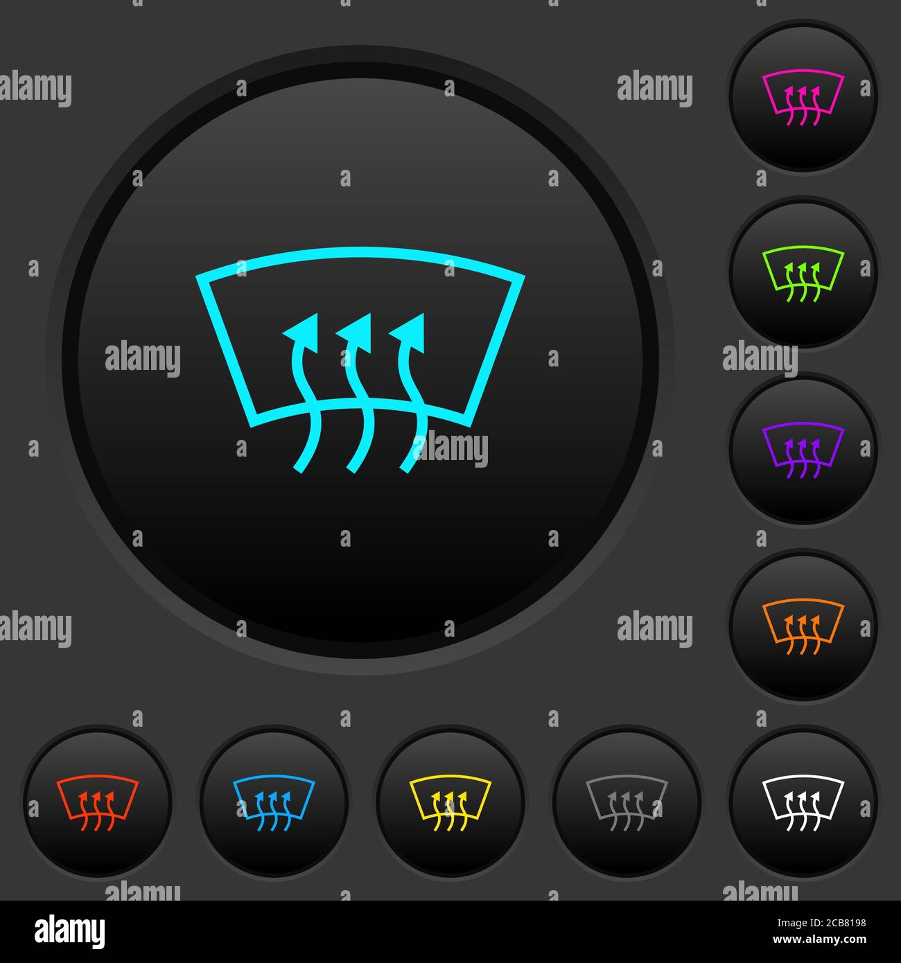 Windshield defrost dark push buttons with vivid color icons on dark ...