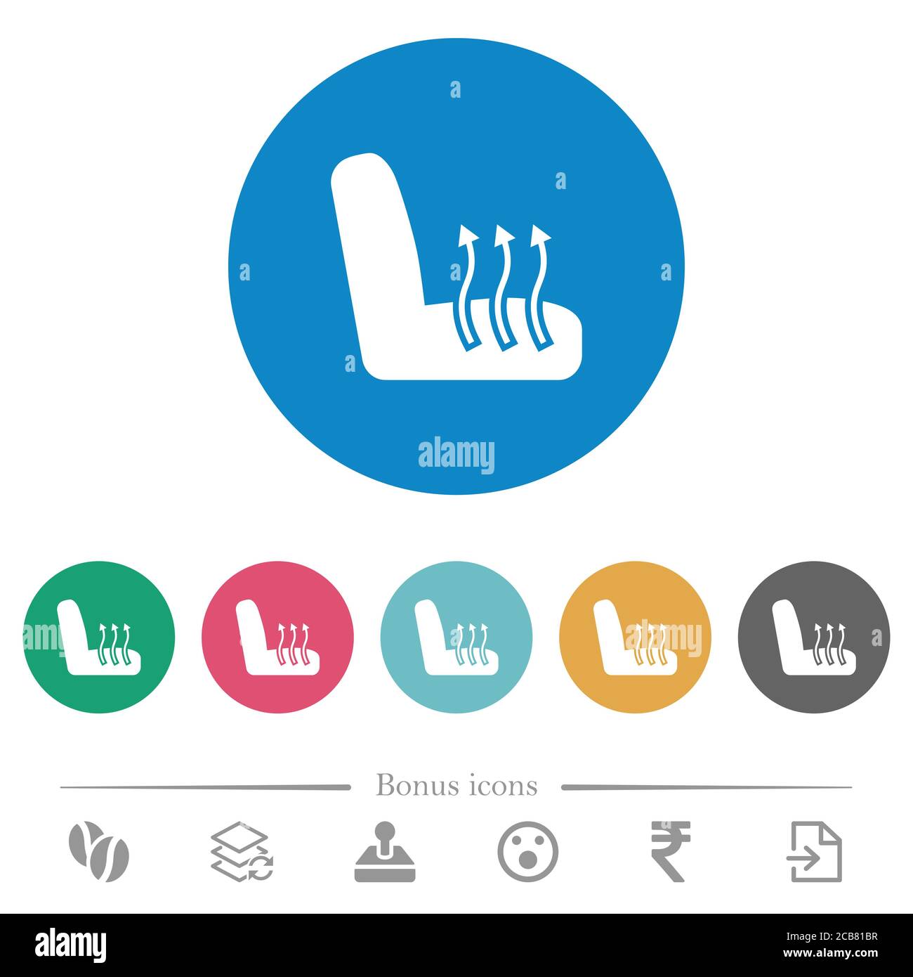 Car seat heating flat white icons on round color backgrounds. 6 bonus ...