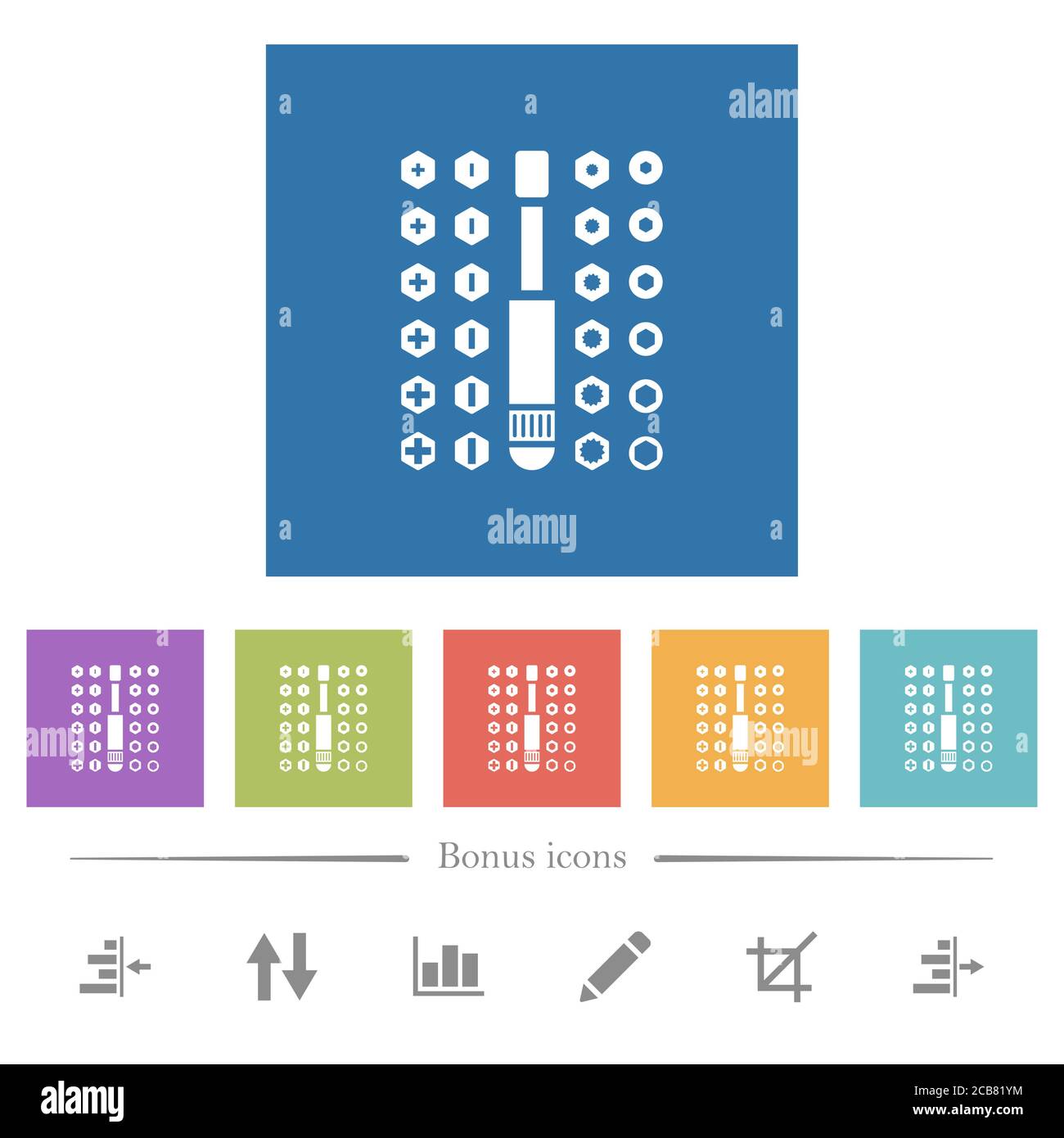 Set of screwdriver bits flat white icons in square backgrounds. 6 bonus ...