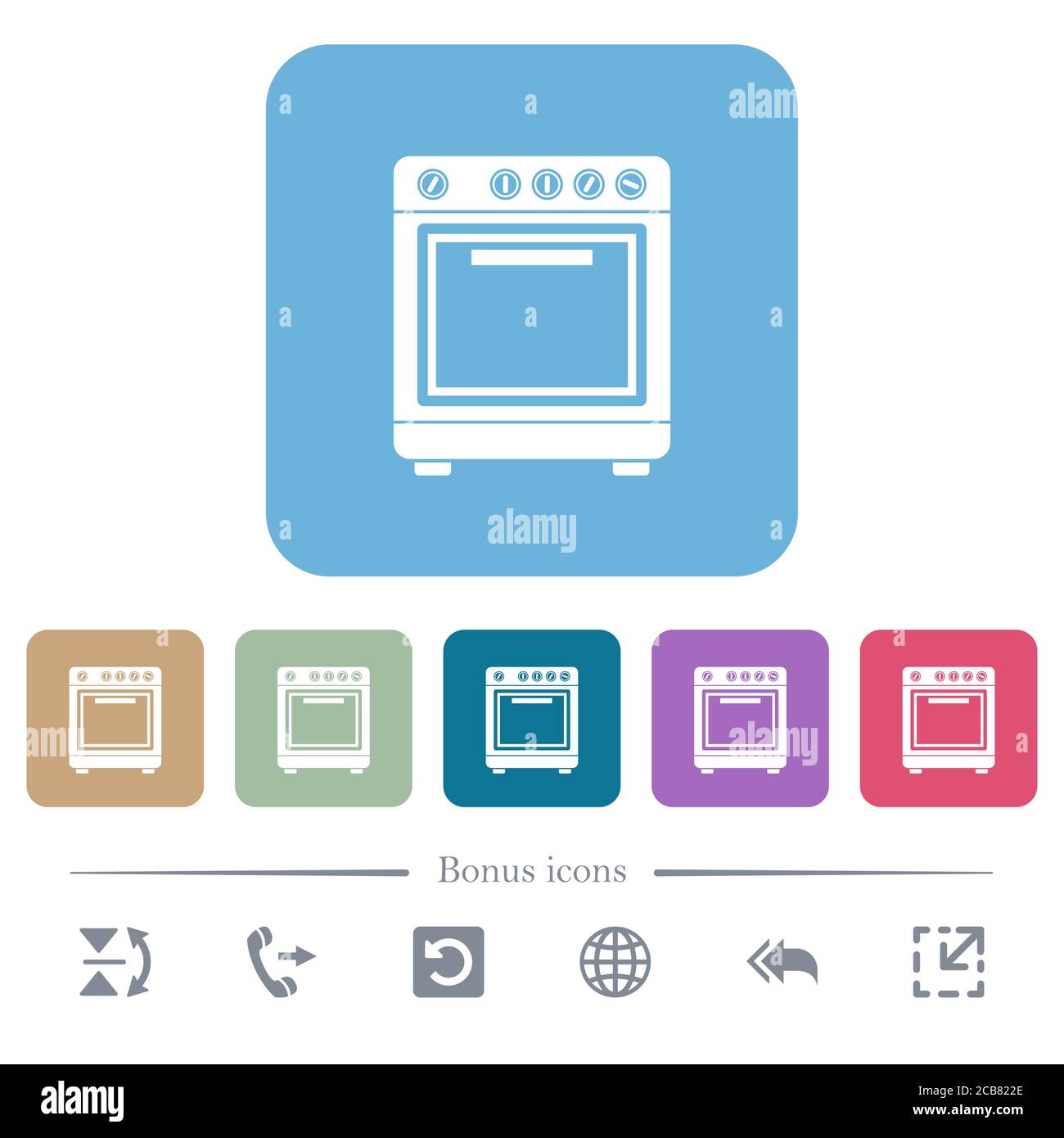 Oven white flat icons on color rounded square backgrounds. 6 bonus ...