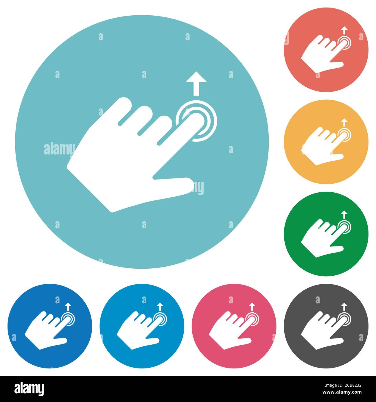 Left handed slide up gesture flat white icons on round color ...