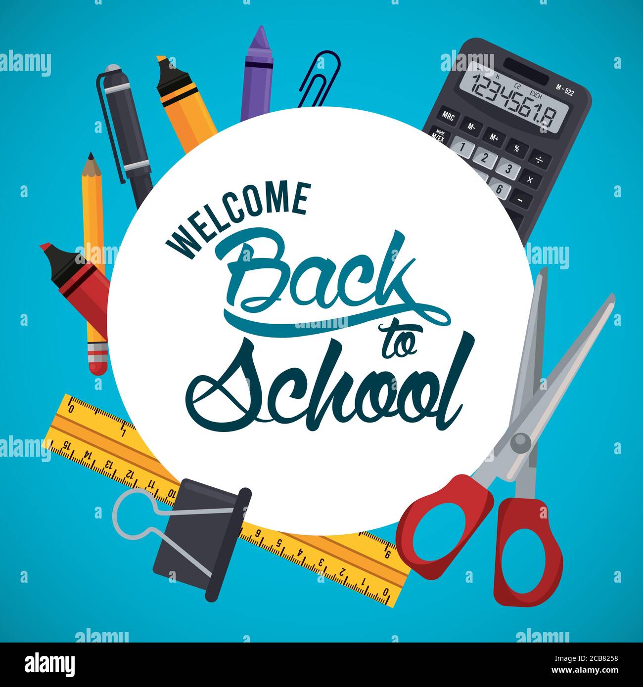 back to school poster with calculator and supplies circular frame ...