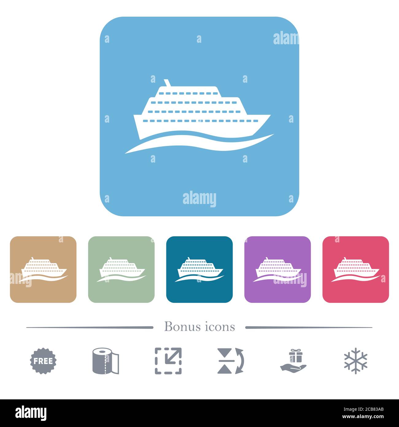 Cruise ship with wave white flat icons on color rounded square ...