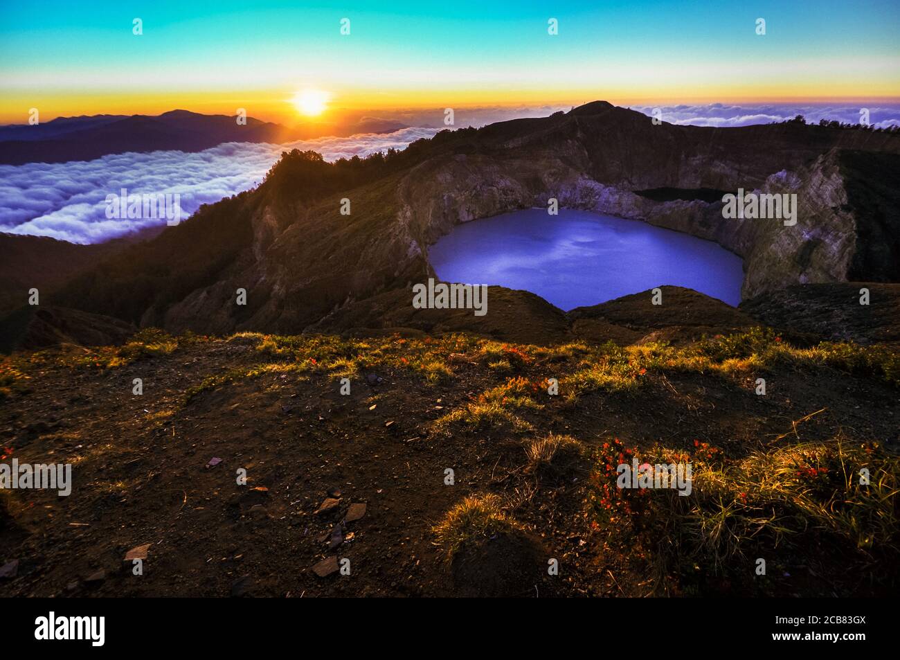 Crater lake at sunrise, Mount Kelimutu, Flores, East Nusa Tenggara ...