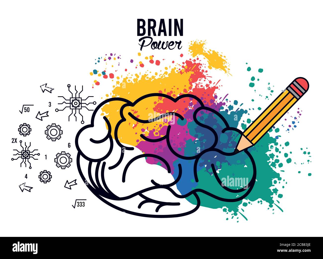 brain power poster with colors splash and pencil vector illustration ...