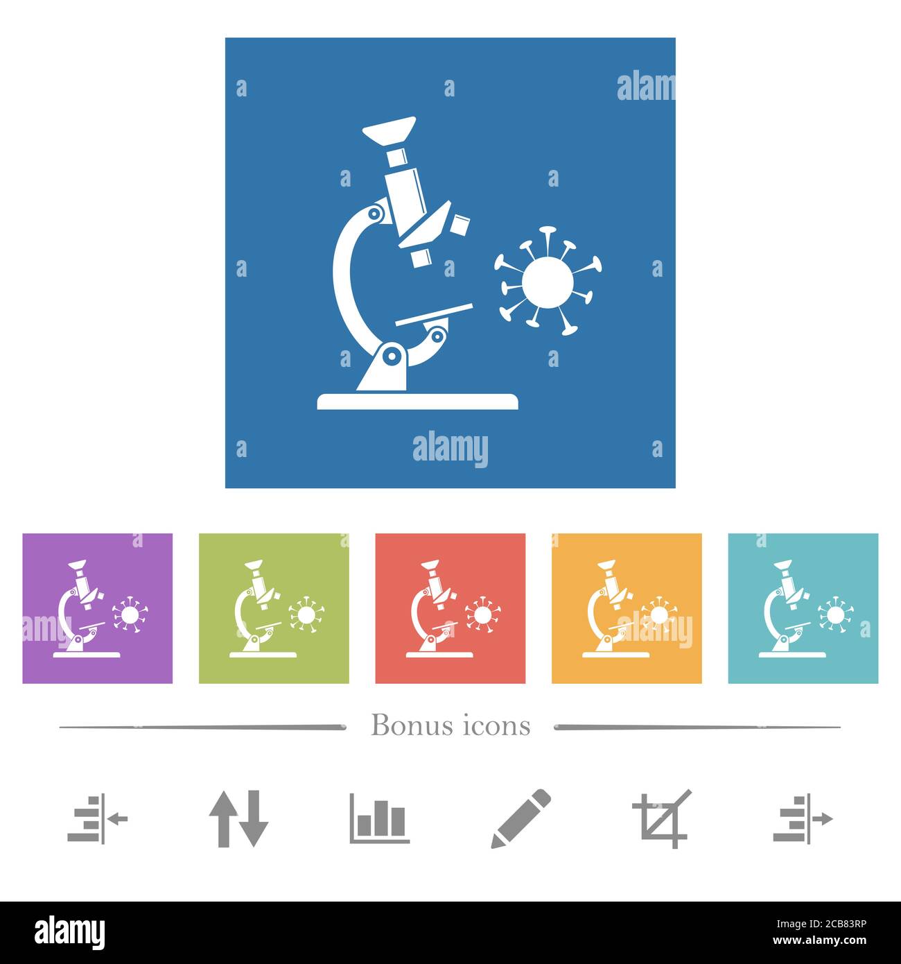 Microscope and virus flat white icons in square backgrounds. 6 bonus ...