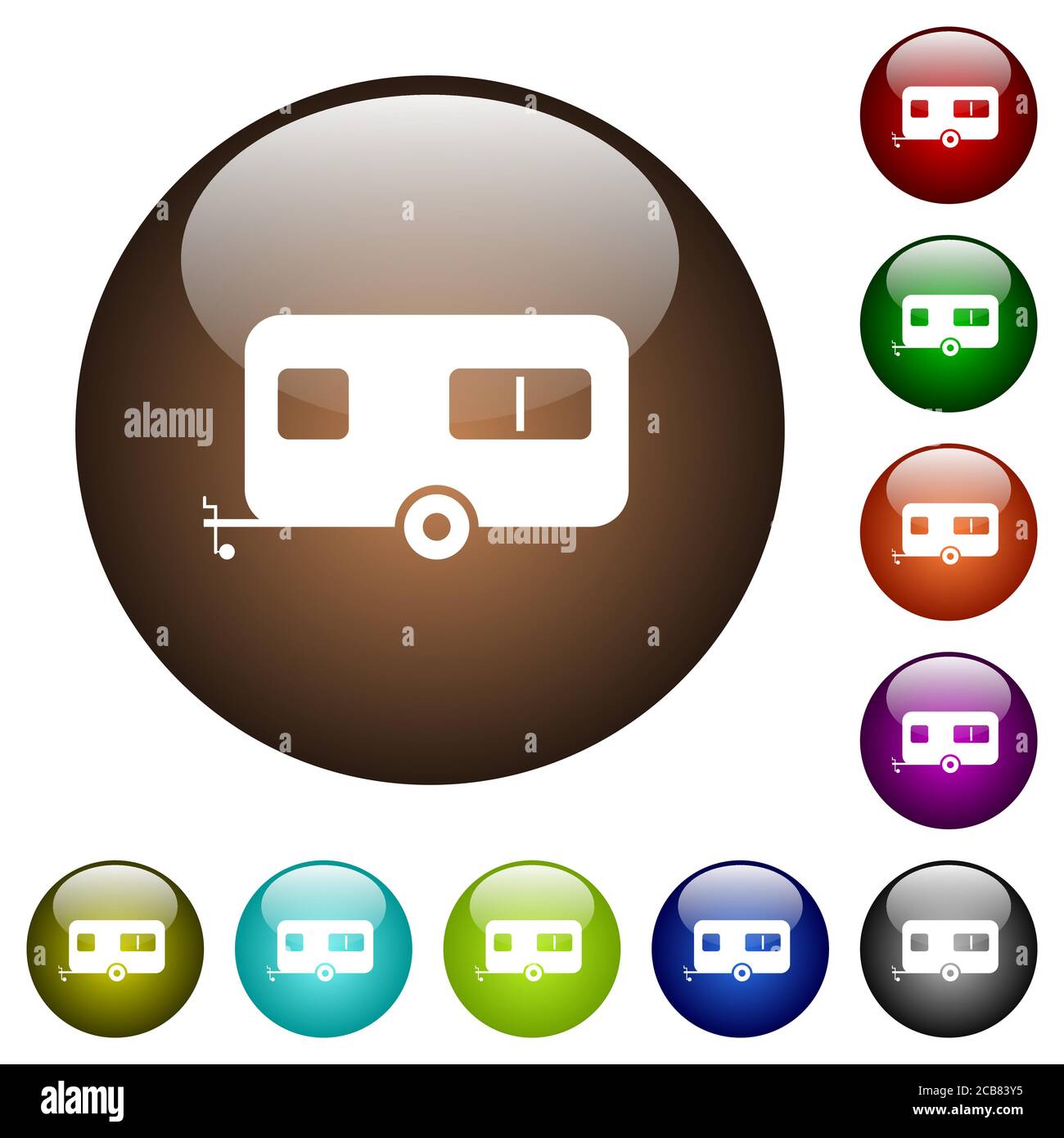 Caravan trailer white icons on round glass buttons in multiple colors ...